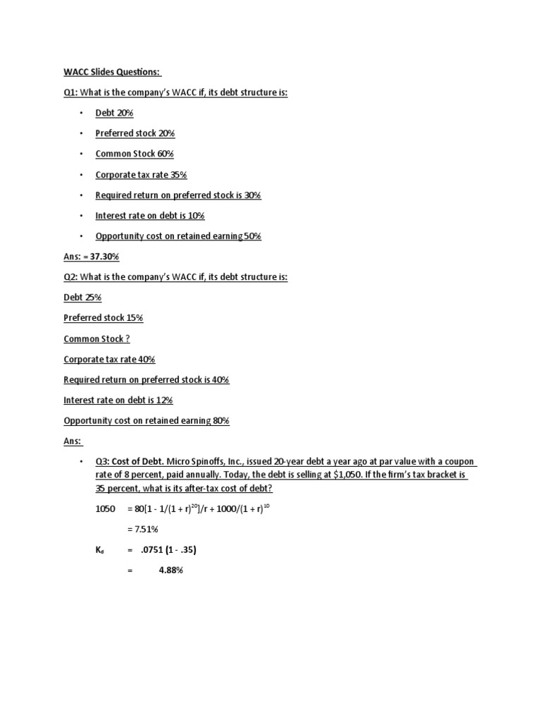 WACC Slides Questions | PDF | Cost Of Capital | Preferred Stock