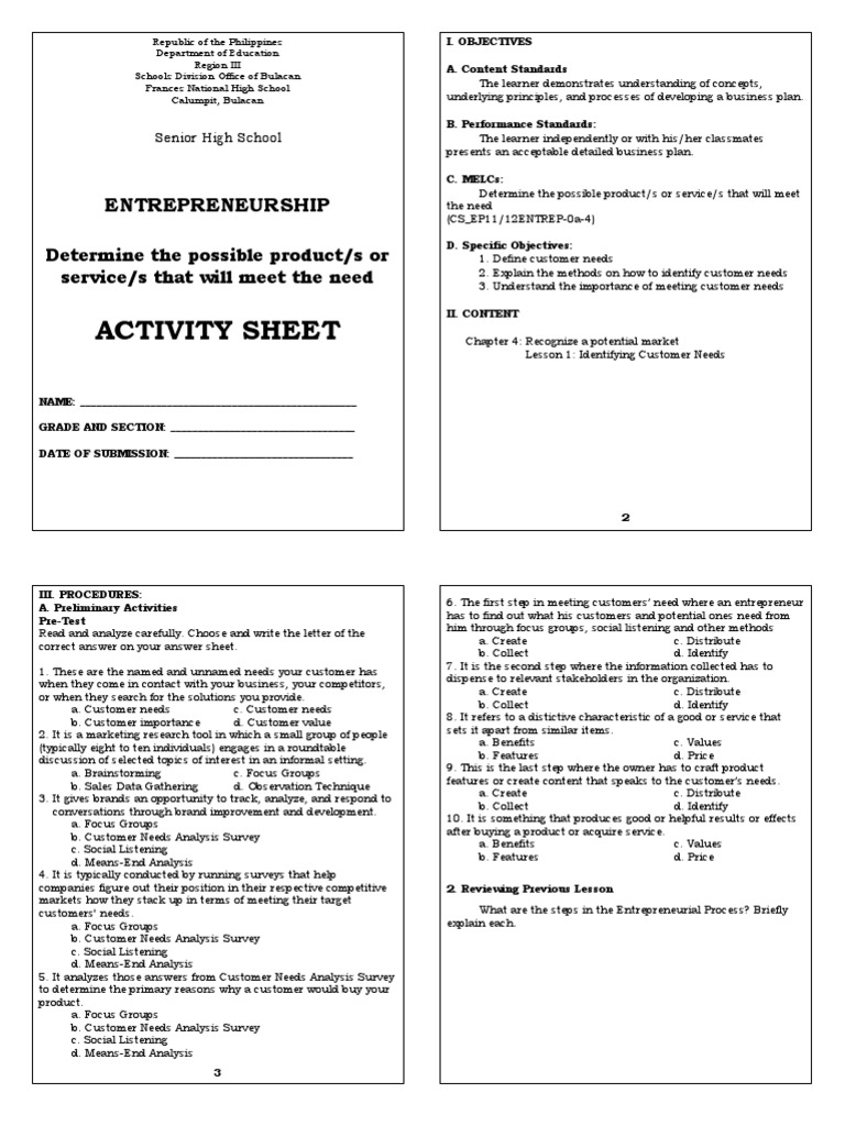 Activity Sheet: Entrepreneurship | PDF | Focus Group | Brand