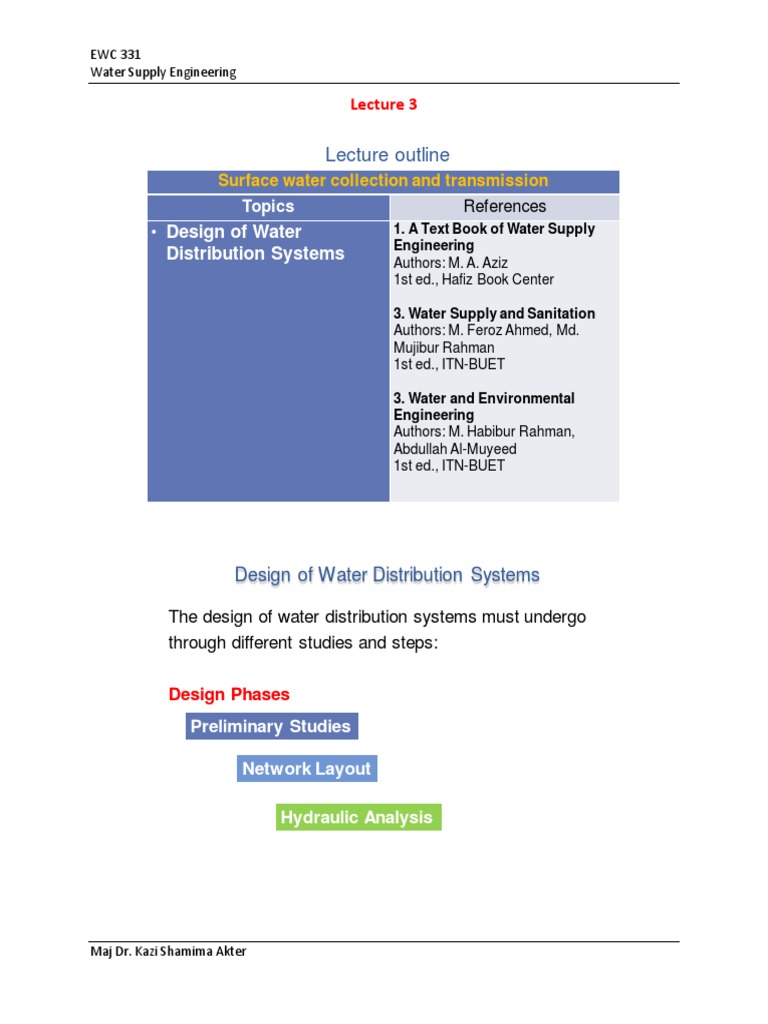 Lecture Outline: - Design of Water | PDF | Water | Water Supply