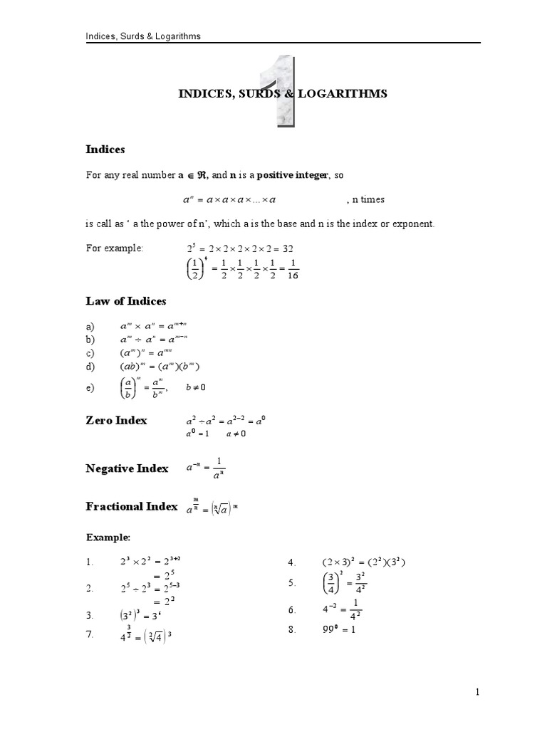 Indices, Surds & Logarithms | PDF | Logarithm | Complex Analysis