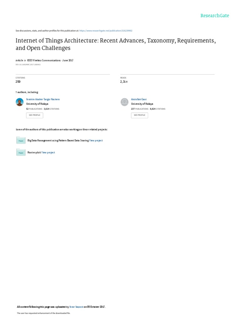 Internet of Things Architecture - Recent Advances, Taxonomy, Requirements, and Open Challenges ...