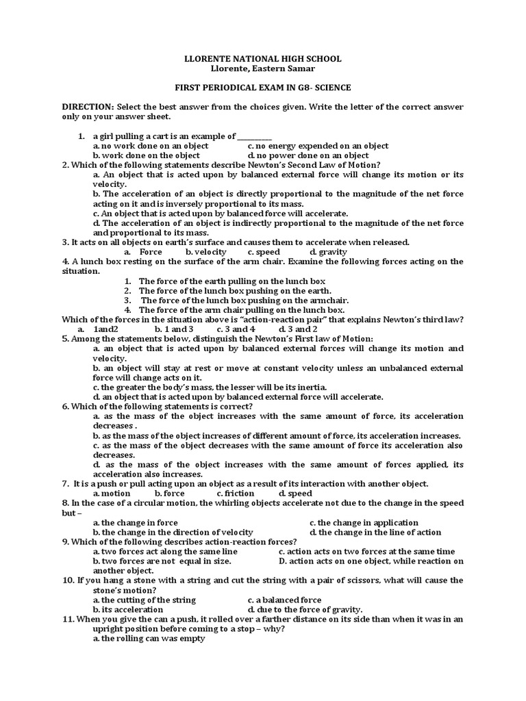 1st Quarter Exam g8 Science | Download Free PDF | Force | Acceleration