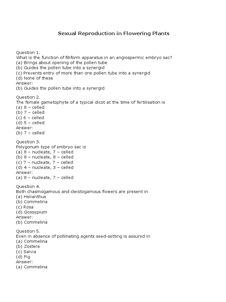 Sexual Reproduction in Flowering Plants MCQs I | PDF | Seed | Pollen