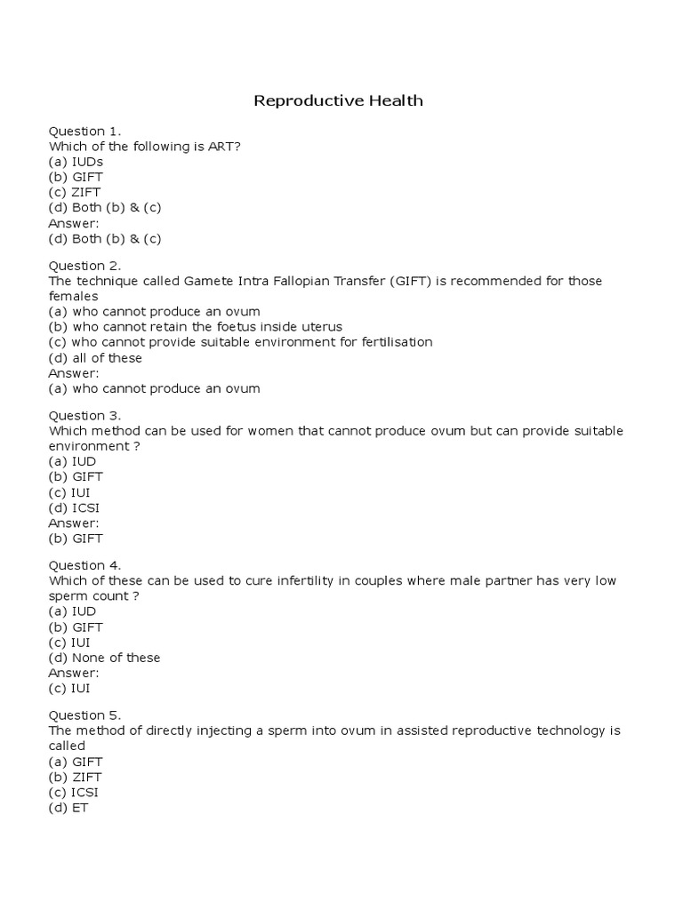 Reproductive Health MCQs I | PDF | Birth Control | Sexually Transmitted ...