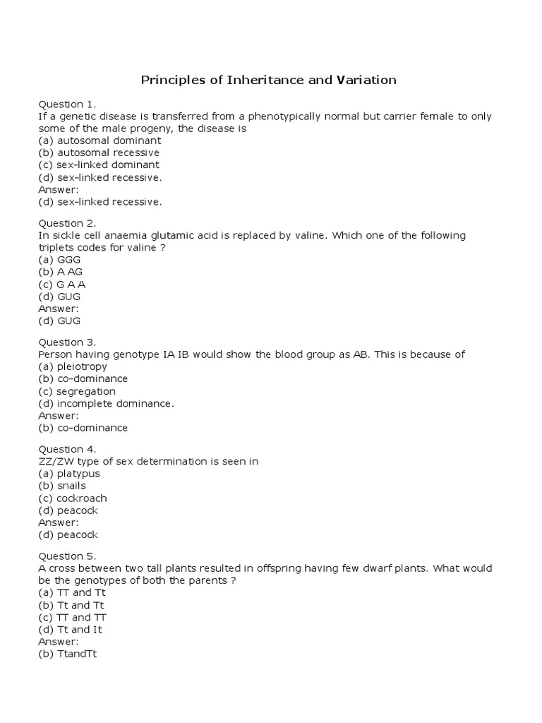 Principles of Inheritance and Variations MCQs I | PDF | Dominance ...