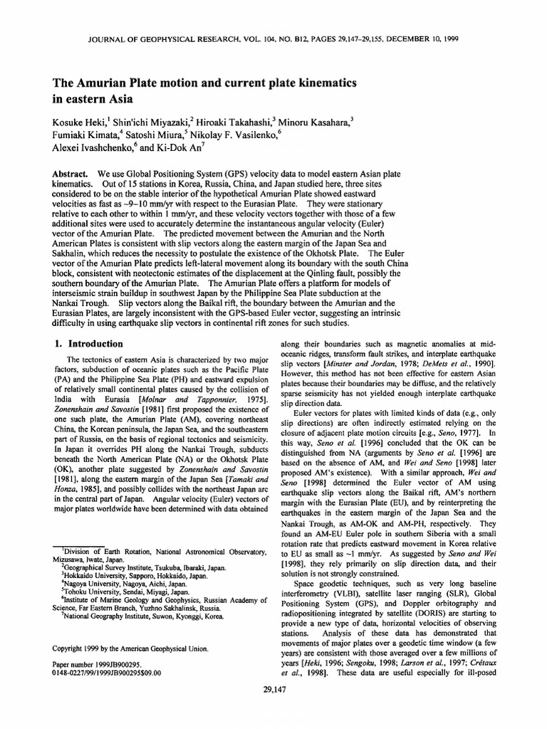 The Amurian Plate Motion and Current Plate Kinematics | PDF | Applied ...
