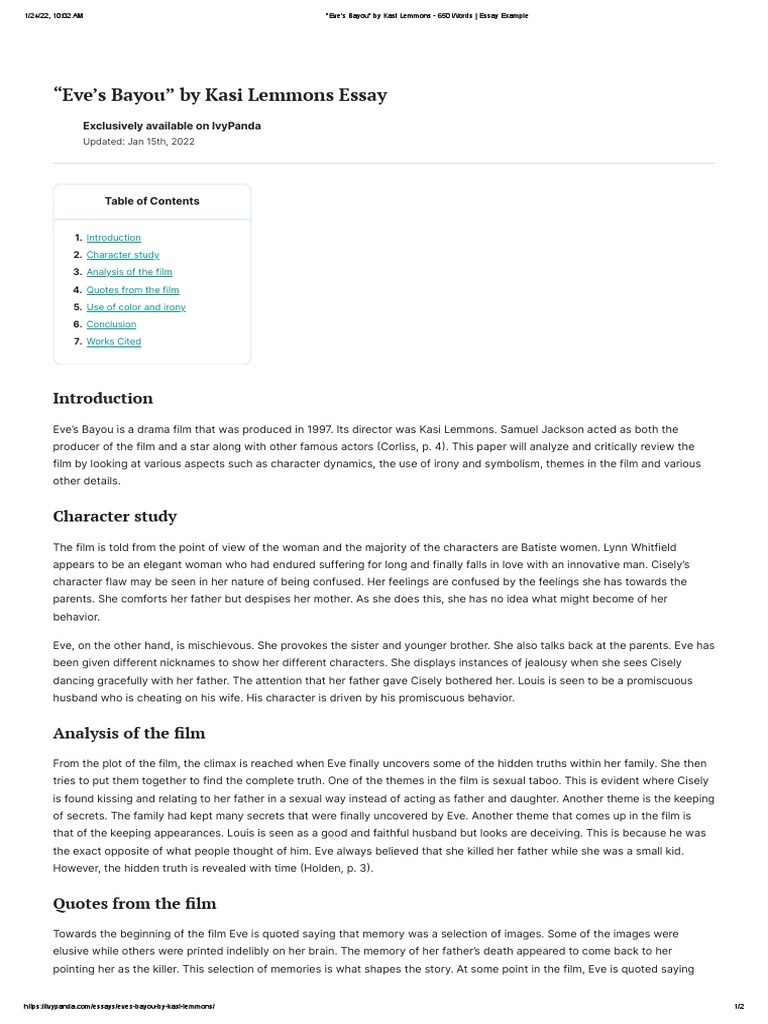Eve's Bayou - by Kasi Lemmons - 650 Words - Essay Example | PDF | Eve