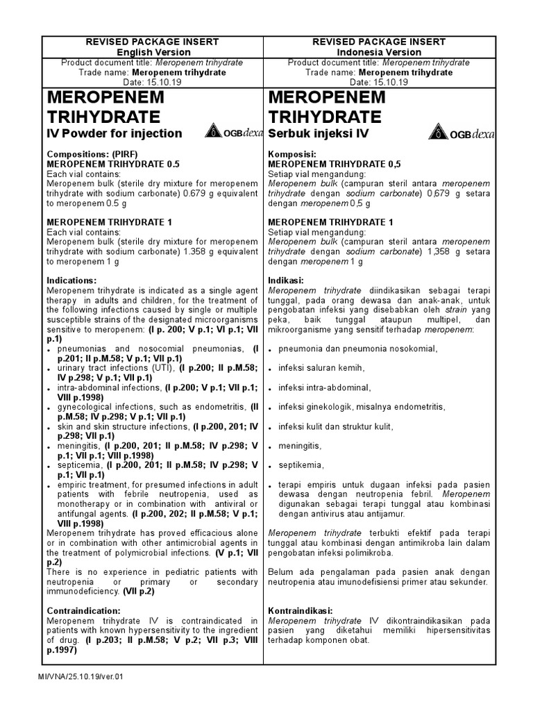 PI Meropenem Trihydrate Serbuk Injeksi 0.5g-1 | PDF