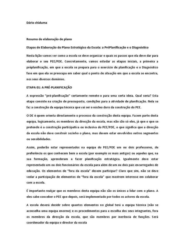 Resumo de Etapas de Elaboração Do Plano Estratégico de Escola | PDF Resumo de Etapas de Elaboração Do Plano Estratégico de Escola | PDF