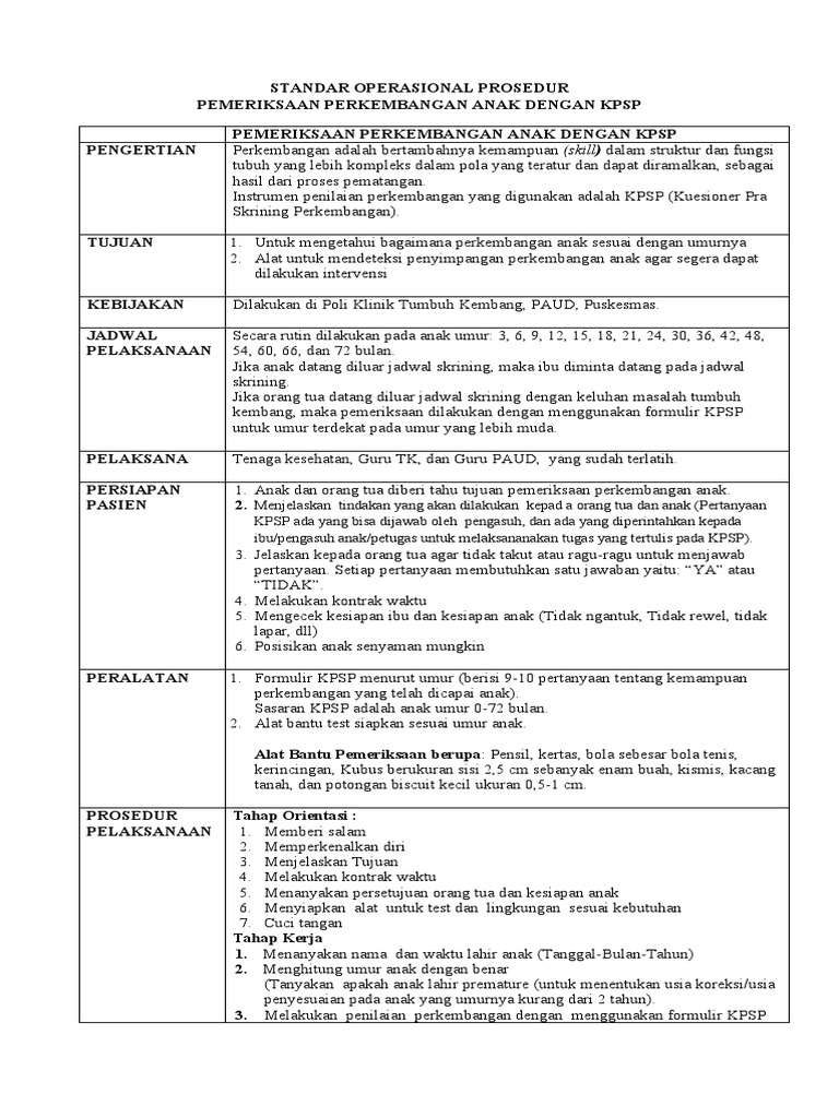 SOP New Dan Format Penilaian Test KPSP 2021 | PDF