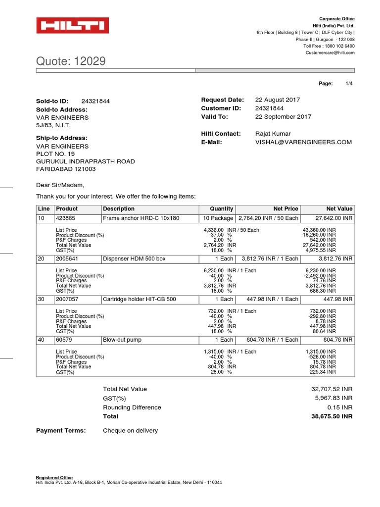 Quote: 12029: Sold-To ID: Sold-To Address: Request Date: Customer ID ...