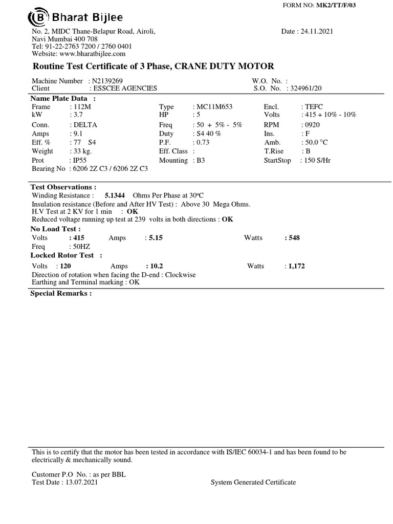 Routine Test Certificate of 3 Phase, CRANE DUTY MOTOR: Name Plate Data ...