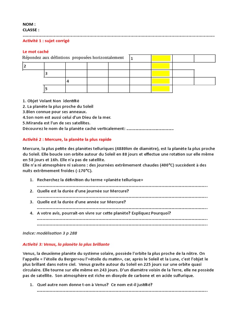 Activités sur le Système Solaire 6ème | PDF | Vénus | Planètes