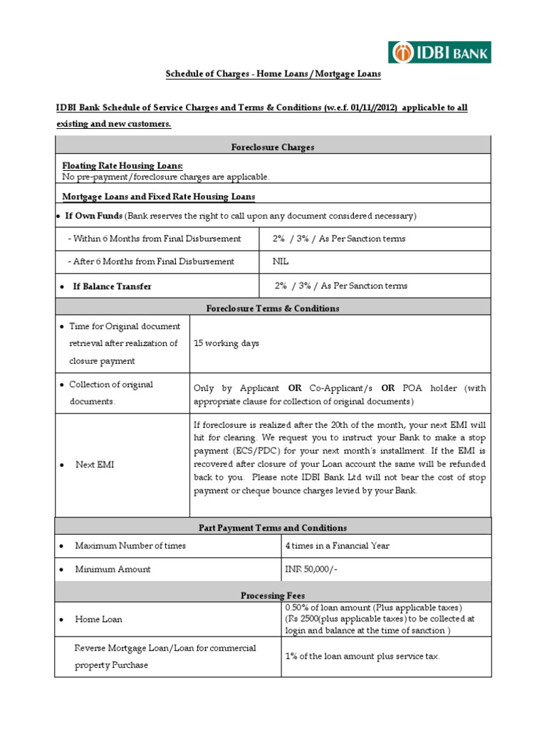 IDBI Bank Schedule of Service Charges Home Loan Mortgage Loan 05112012 ...