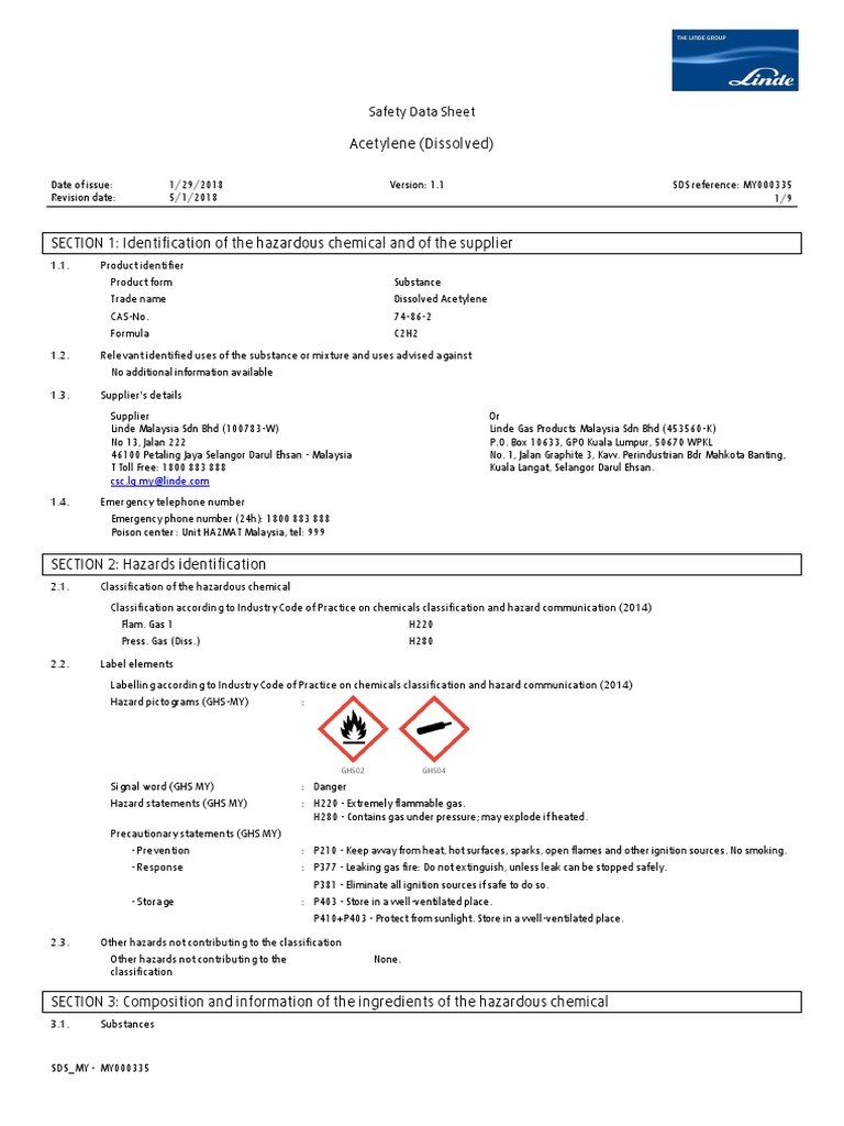 Acetylene Safety Data Sheet Overview | PDF | Dangerous Goods | Toxicity