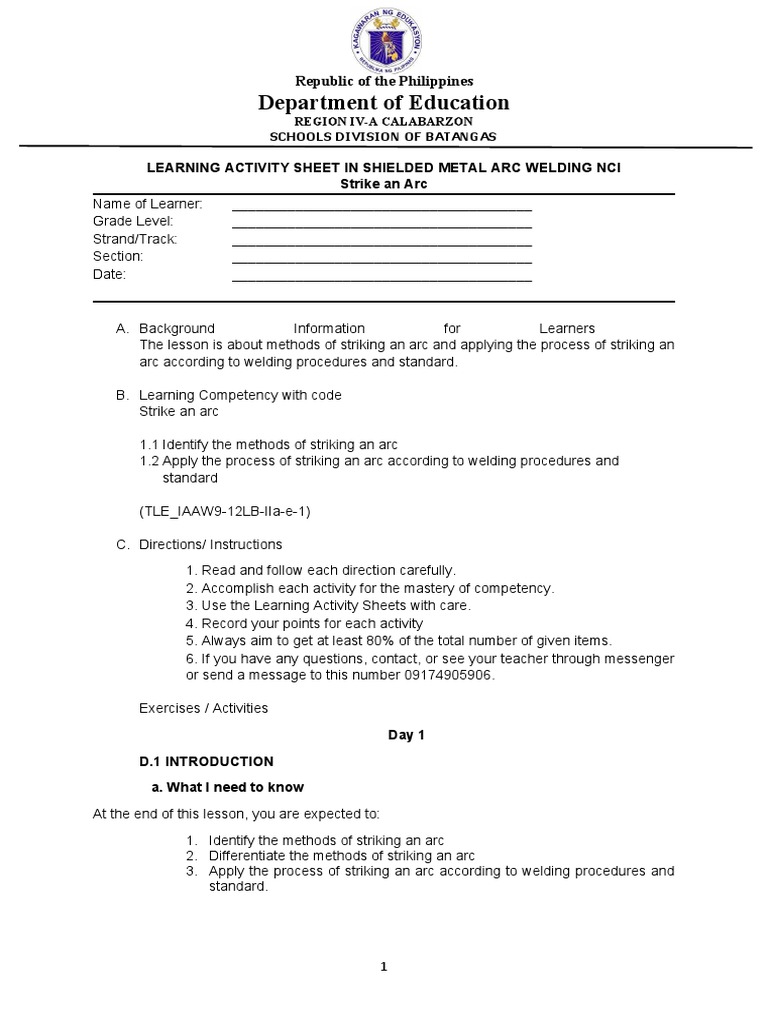 TLE TVL SHIELDED METAL ARC WELDING NCI ACTIVITY SHEET NO. 1 2nd Quarter ...