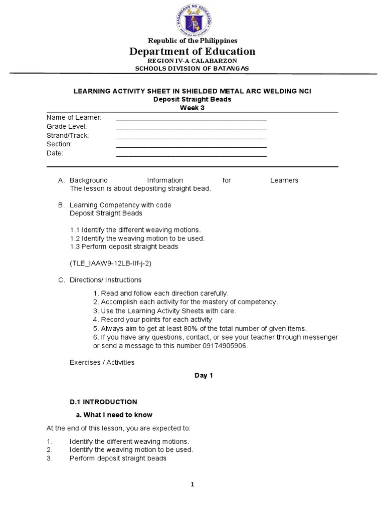 TLE TVL SHIELDED METAL ARC WELDING NCI ACTIVITY SHEET NO. 2 2nd Quarter ...