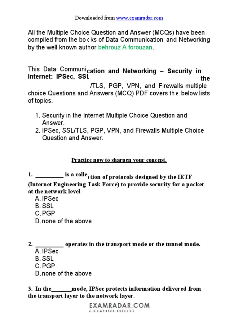 CH 32 Security in The Internet IPSec SSLTLS PGP VPN and Firewalls Multiple Choice Questions and ...