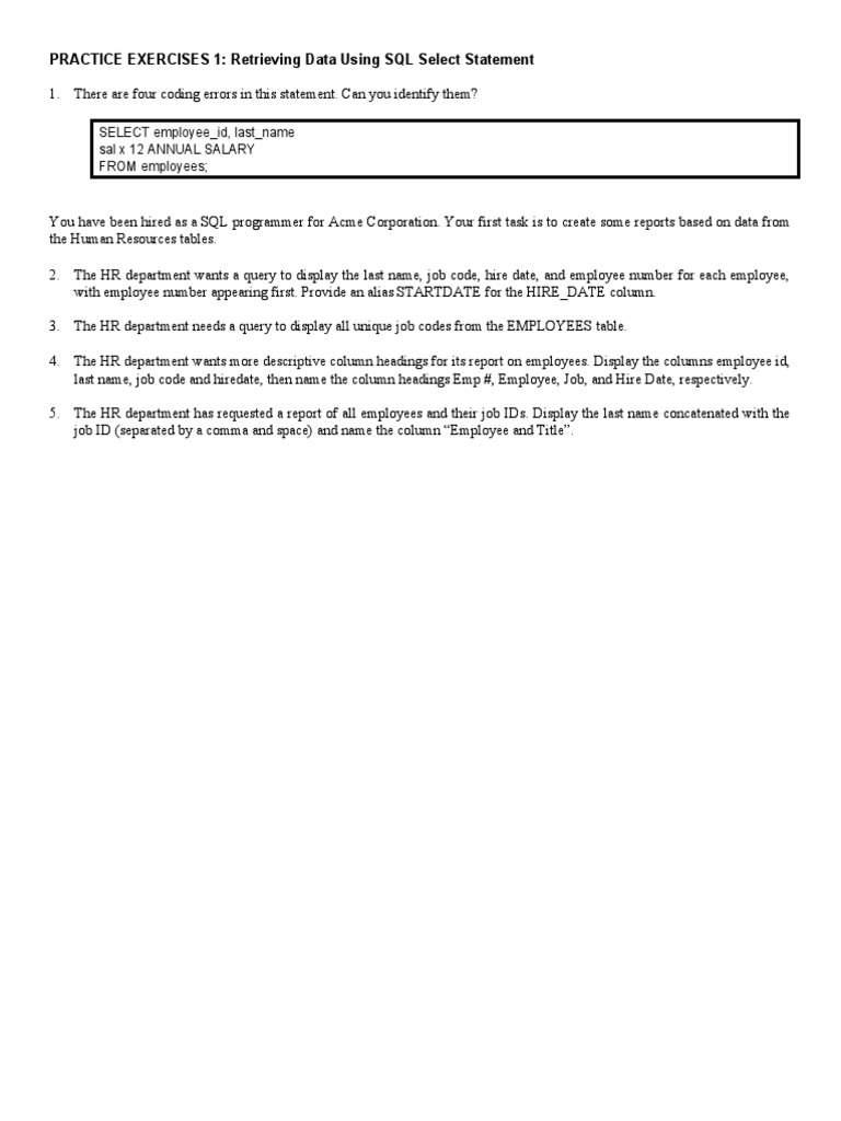 SQL Practice Exercises 1 | PDF