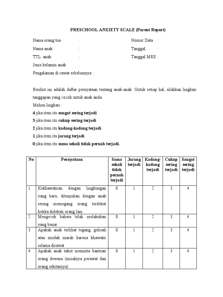 Preschool Anxiety Scale Modifikasi | PDF