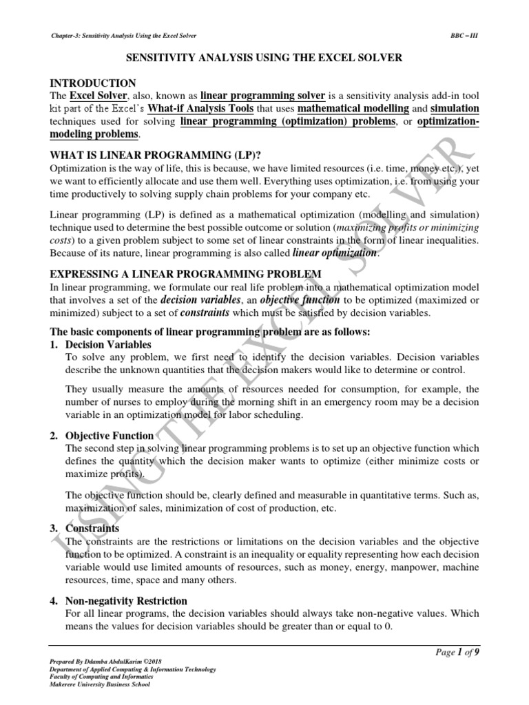 Sensitivity Analysis Using The Excel Solver | PDF | Linear Programming | Mathematical Optimization