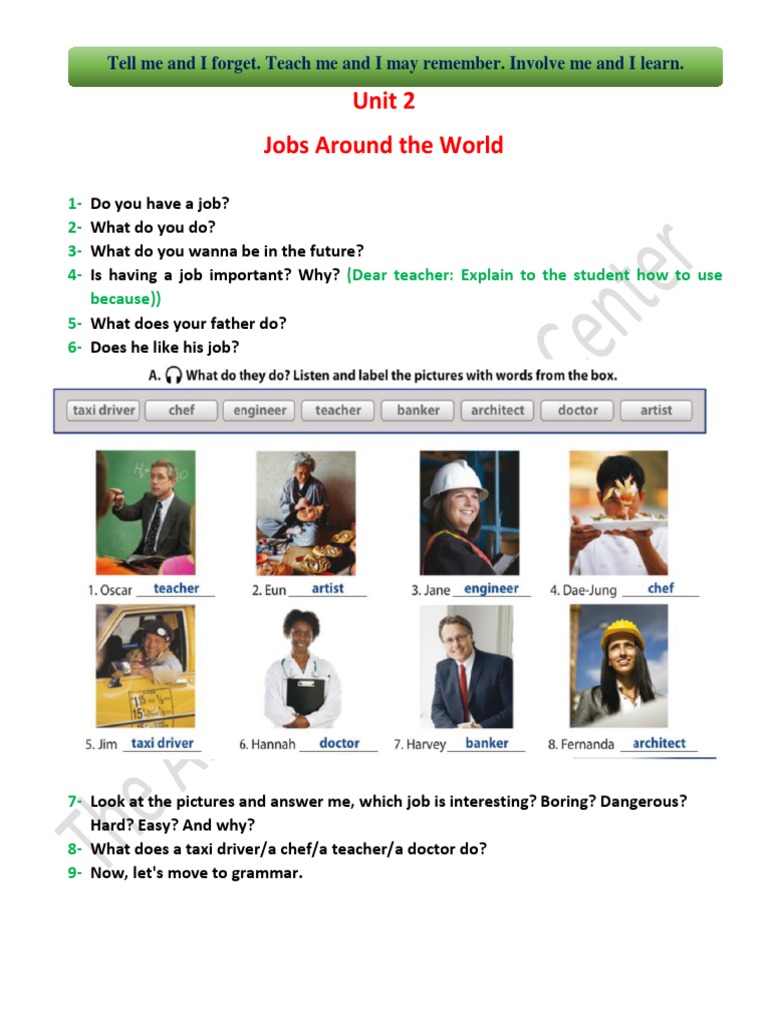 Unit 2 Jobs Around The World: 1-2 - 3 - 4 - (Dear Teacher: Explain To ...