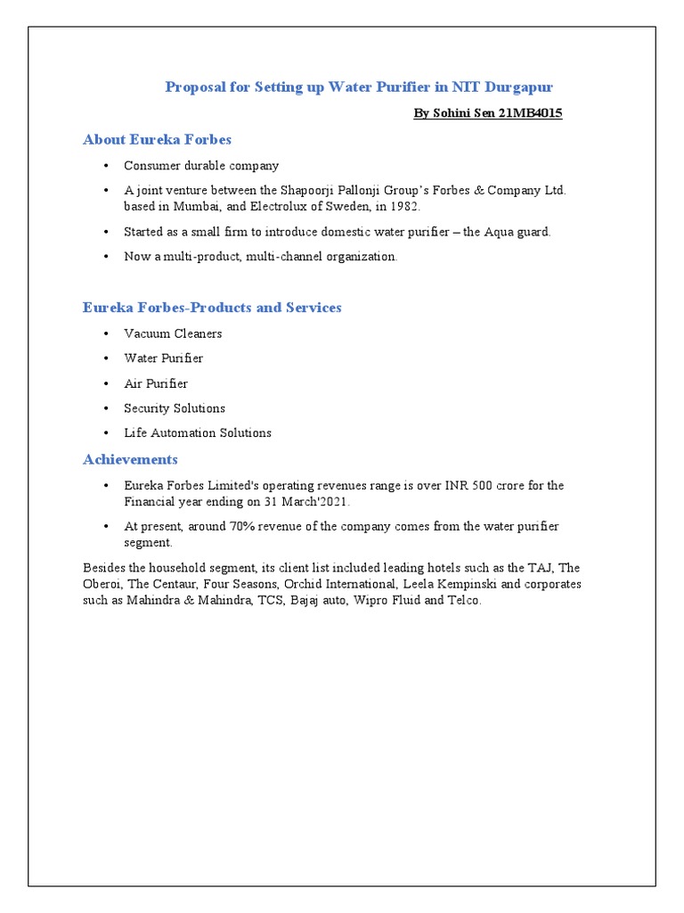 Proposal For Setting Up Water Purifier | PDF