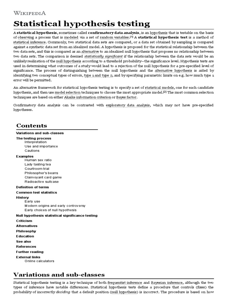 Statistical Hypothesis Testing - Wikipedia | PDF | Statistical ...
