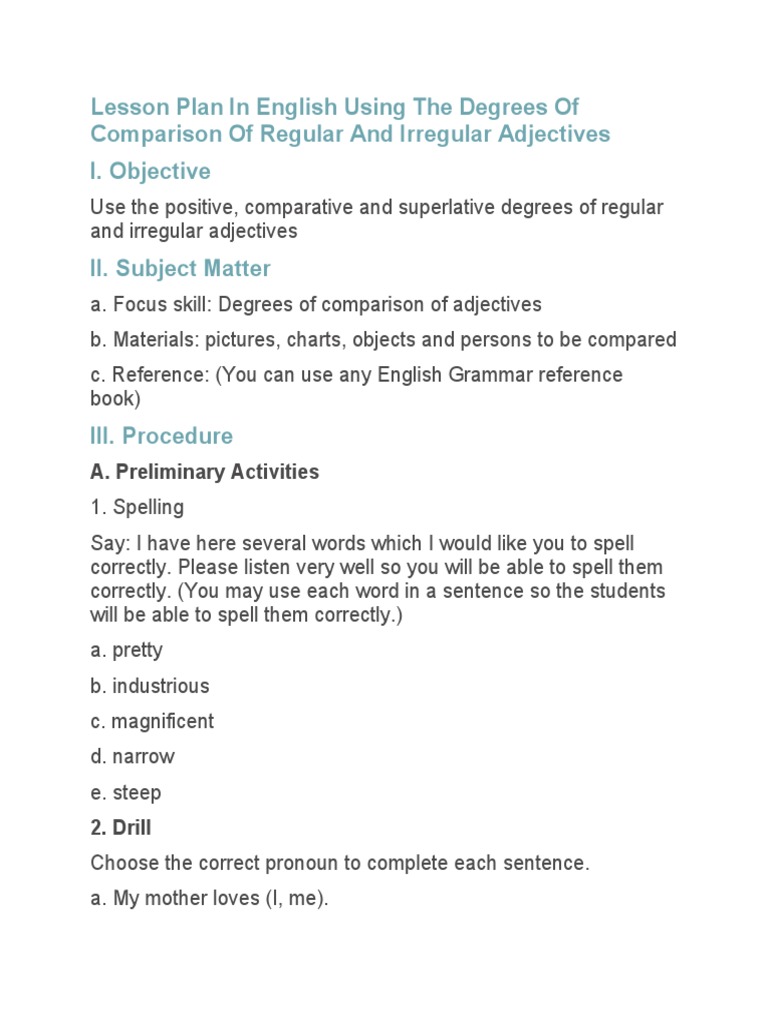 Lesson Plan in English Using The Degrees of Comparison of Regular and ...