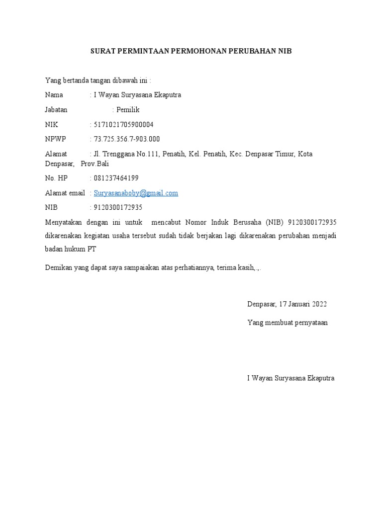 Surat Permintaan Penghapusan Nib | PDF