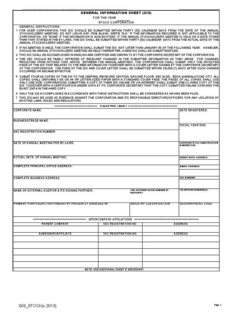Stock Corporation General Instructions:: General Information Sheet (Gis ...