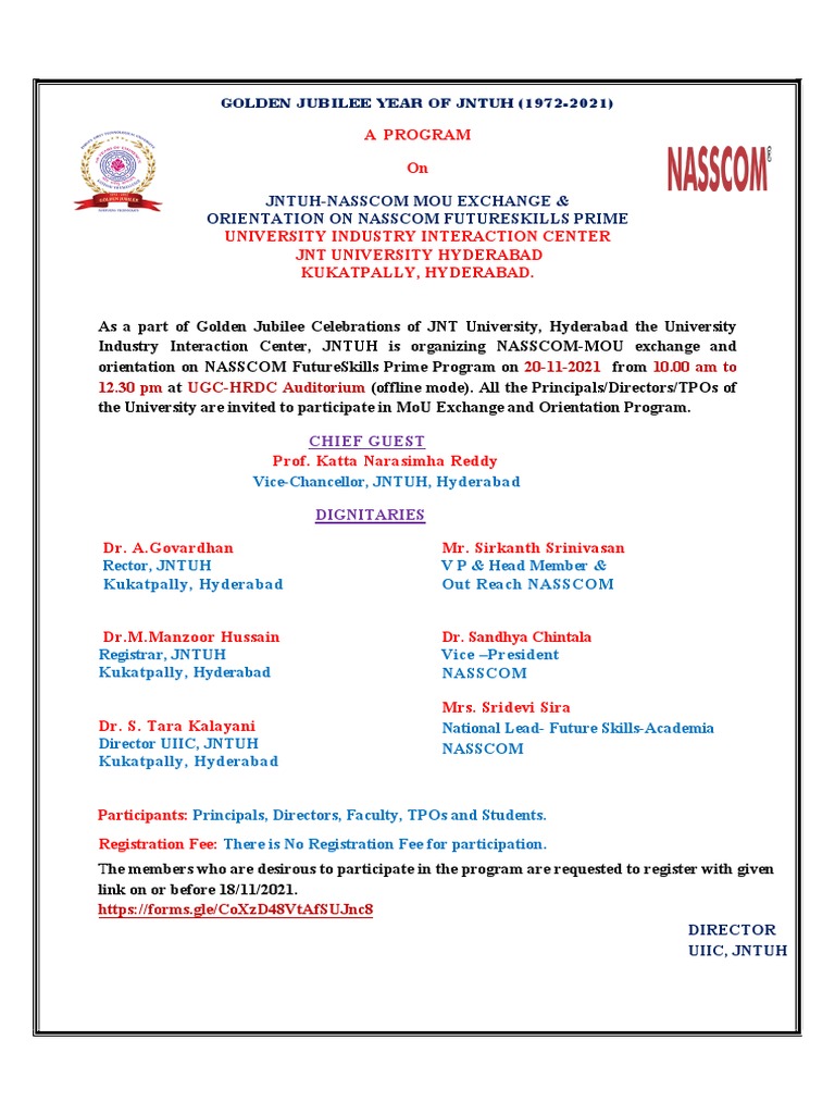 2.invitation For JNTUH - NASSCOM MOU Exchange and Orientation Program | PDF