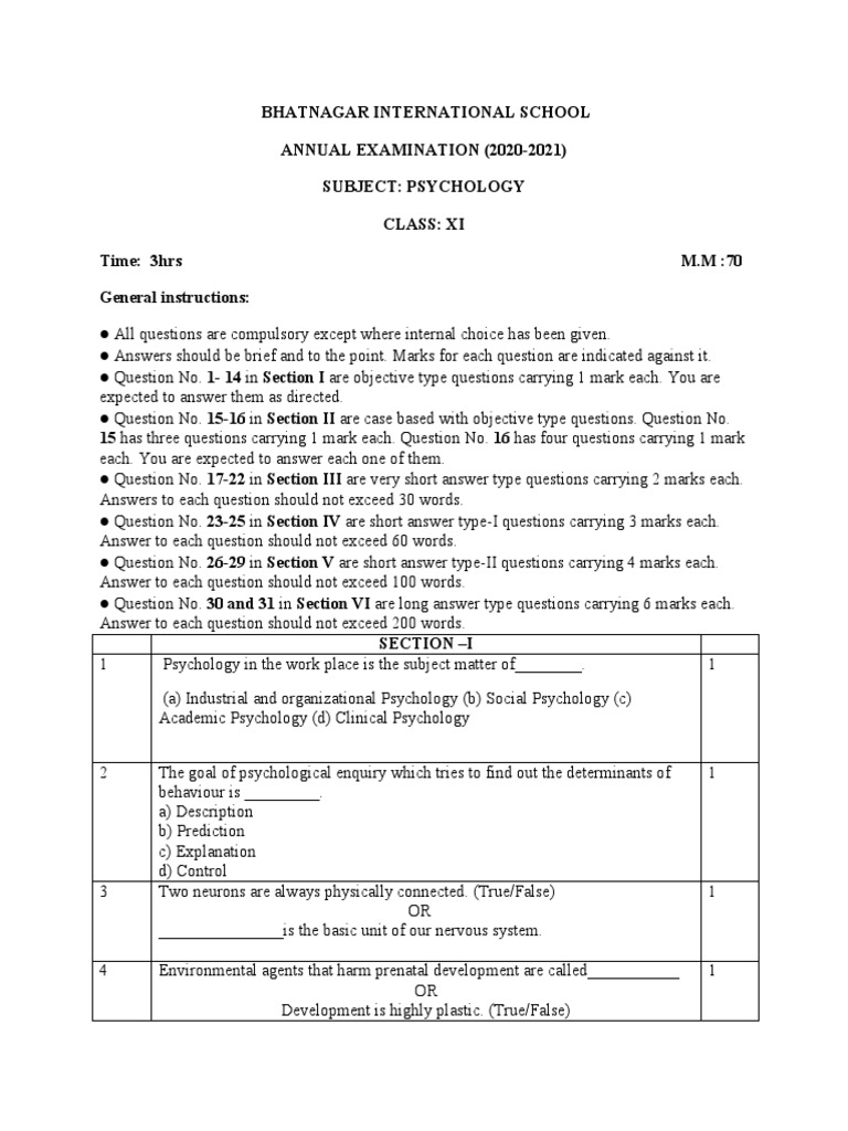 Annual Exam Psychology Xi | PDF | Psychology | Learning Disability
