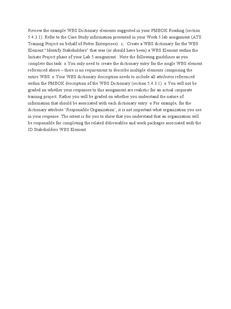 Review The Example WBS Dictionary Elements Suggested in Your PMBOK ...