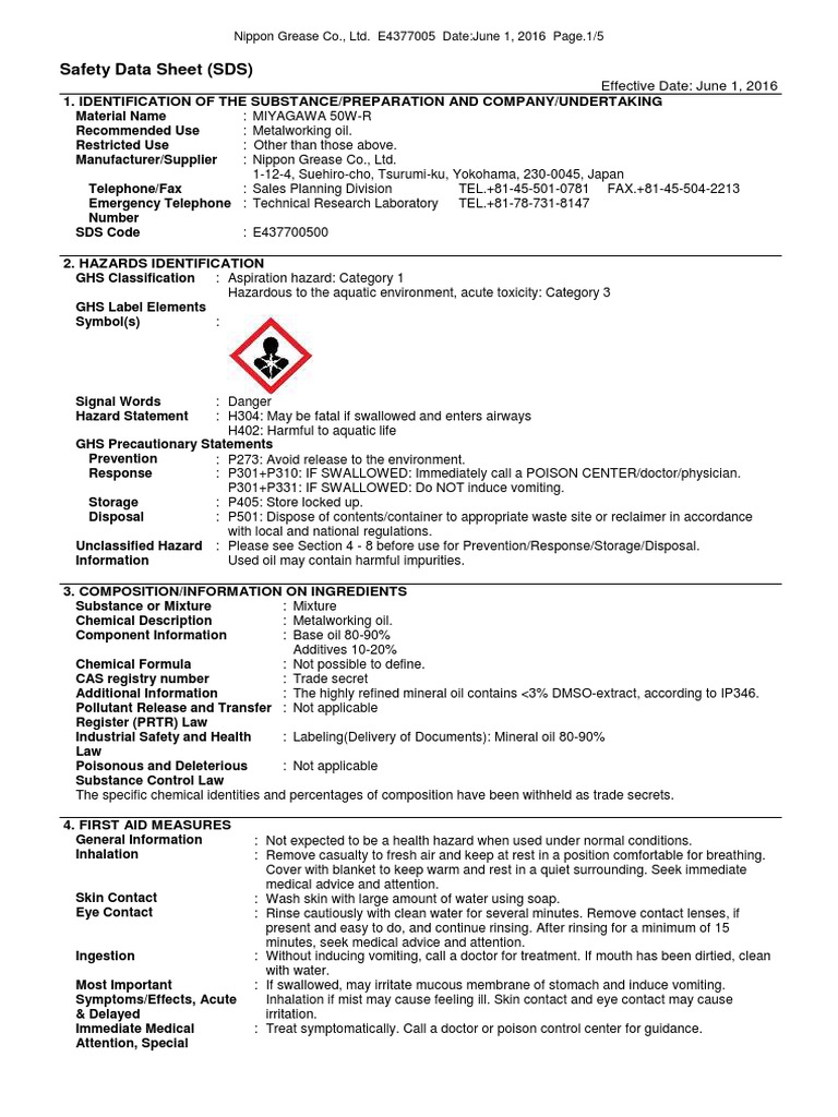 Safety Data Sheet (SDS) : Nippon Grease Co., Ltd. E4377005 Date:June 1, 2016 Page.1/5 | PDF ...