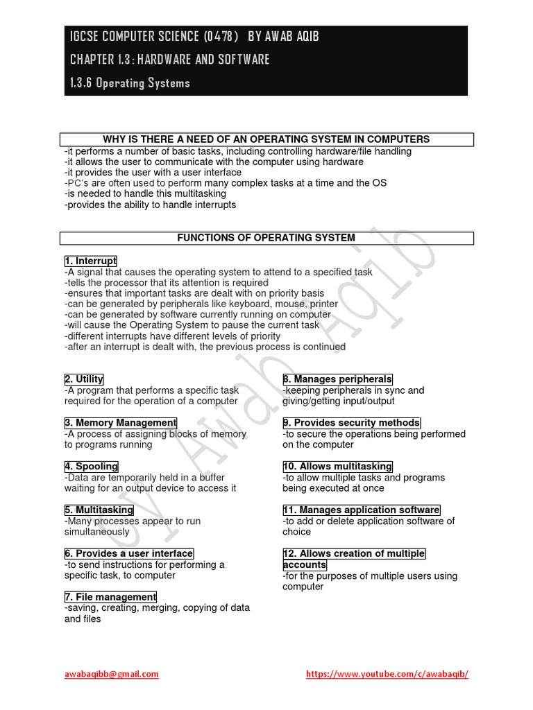 Igcse Computer Science (0478) Chapter 1.3: Hardware and Software 1.3.6 Operating Systems | PDF