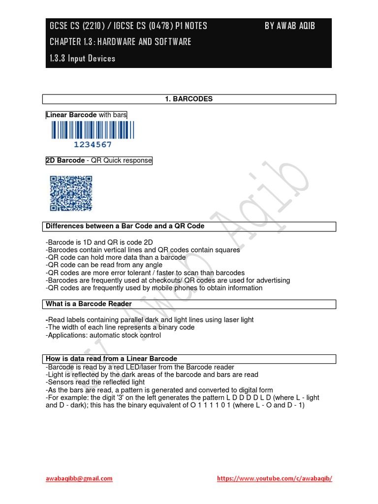 GCSE CS (2210) / IGCSE CS (0478) P1 NOTES Chapter 1.3: Hardware and ...