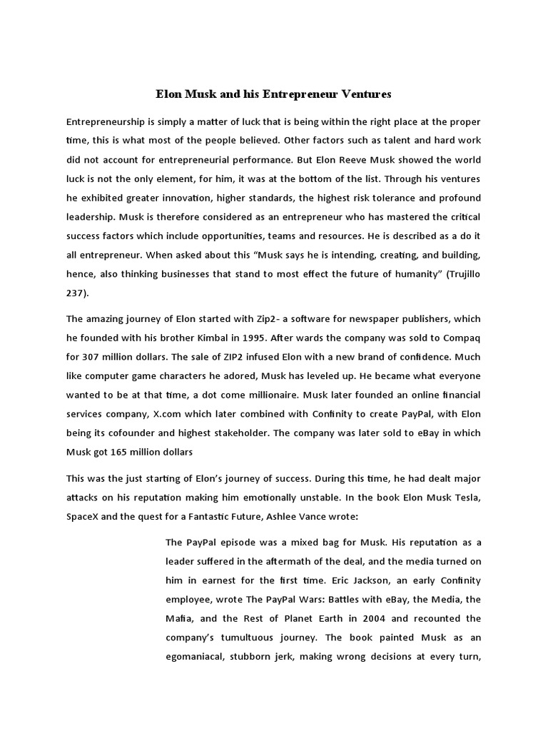 Documented Essay On Elon Musk and His Entrepreneurial Ventures (MLA ...