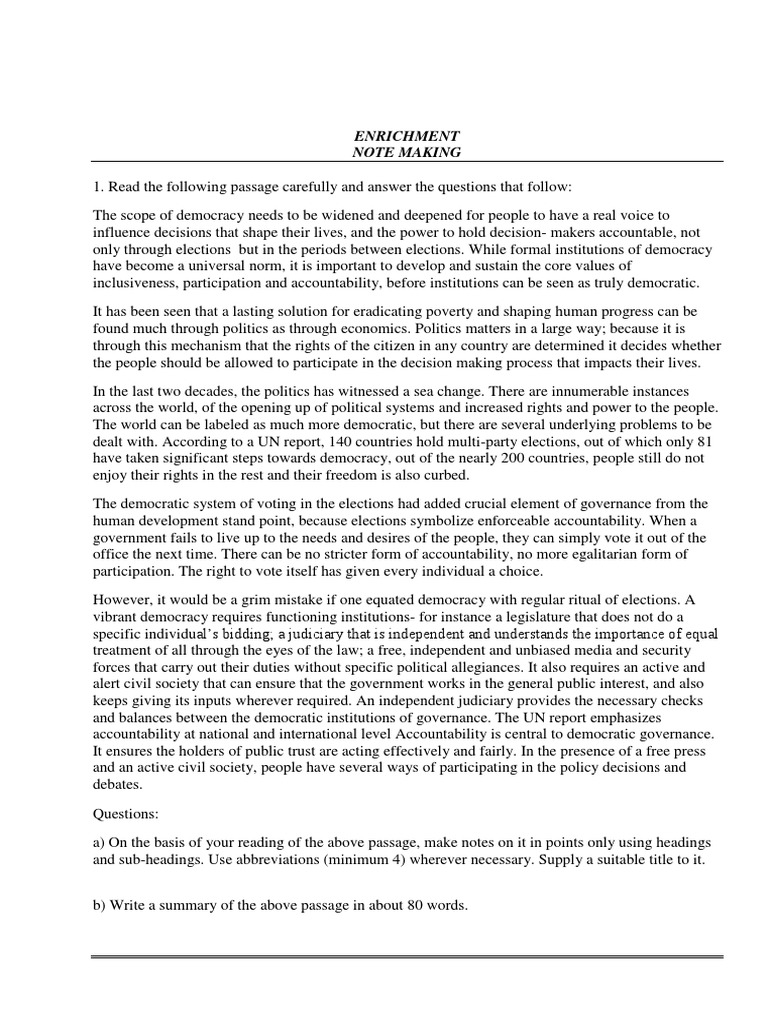 CBSE Class 11 English Worksheet - Note Making | PDF | Political ...