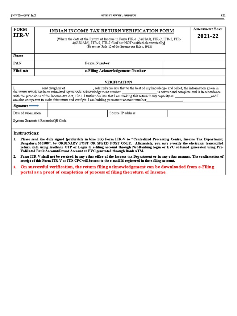 Itr-V: Indian Income Tax Return Verification Form | PDF | Taxation ...