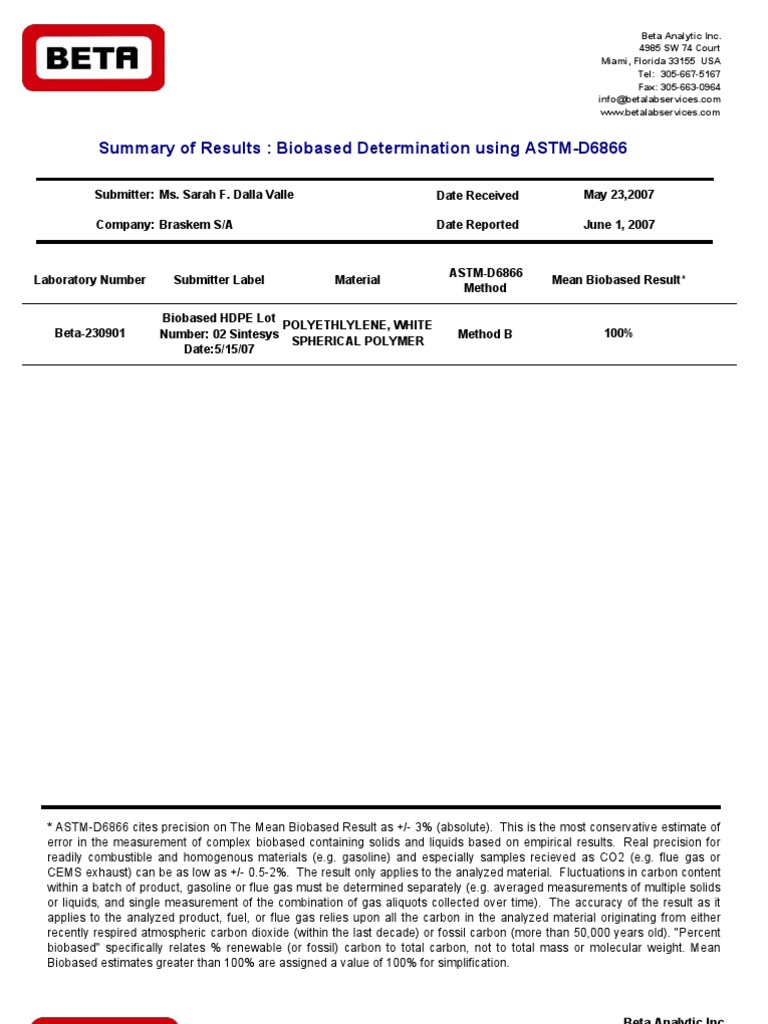 Summary of Results: Biobased Determination Using ASTM-D6866 | PDF | Radiocarbon Dating | Chemistry