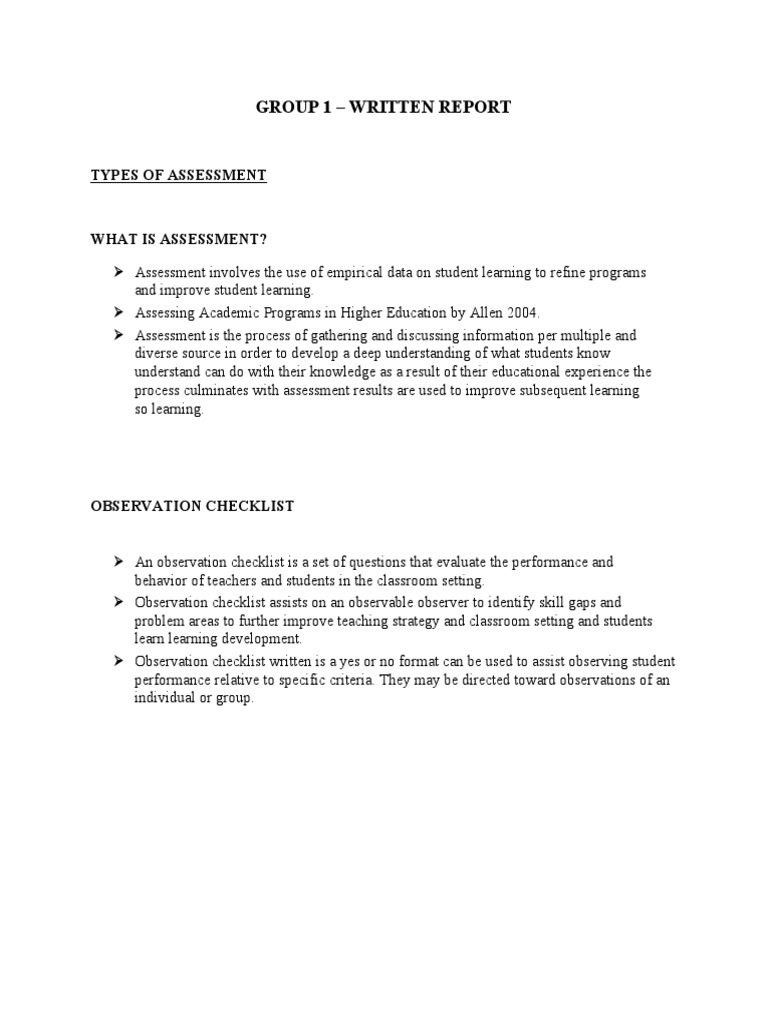 GRP 1 - Written Report (Types of Assessment) | PDF | Educational ...