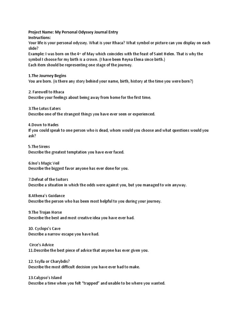 Project Name: My Personal Odyssey Journal Entry Instructions | PDF