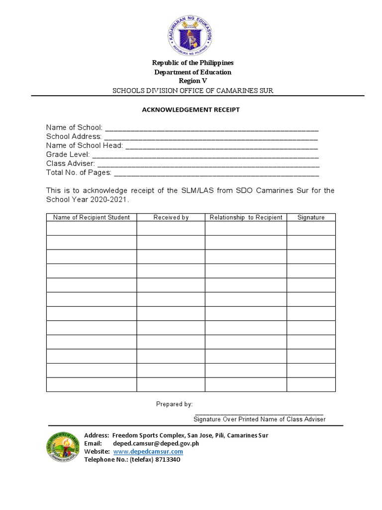 Acknowledgement Receipt: Schools Division Office of Camarines Sur | PDF