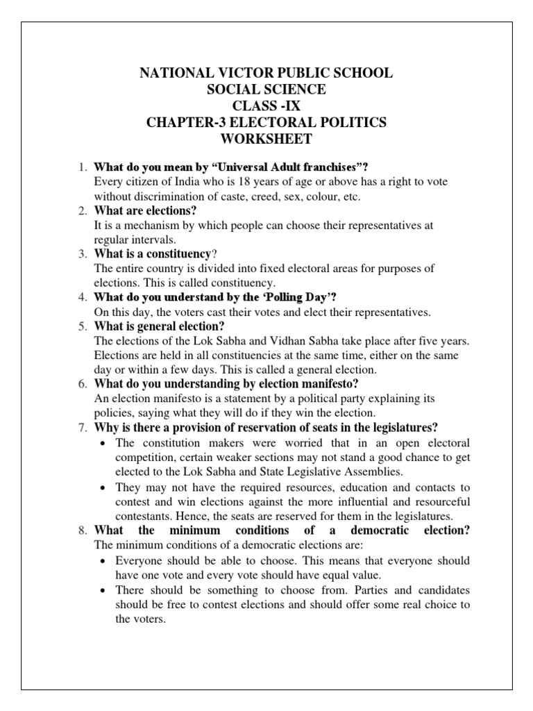 Pol. Sci. Ch-3 Electoral Politics Worksheet | PDF | Elections | Voting