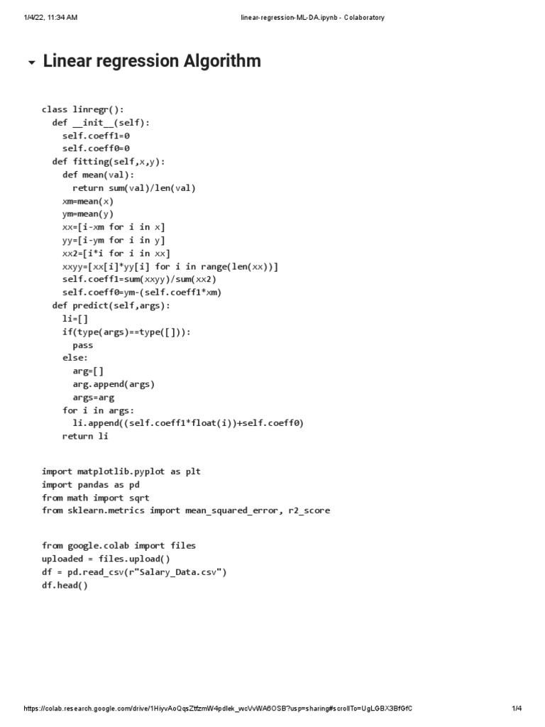 linear-regression-ML-DA - Ipynb - Colaboratory | PDF | Regression ...