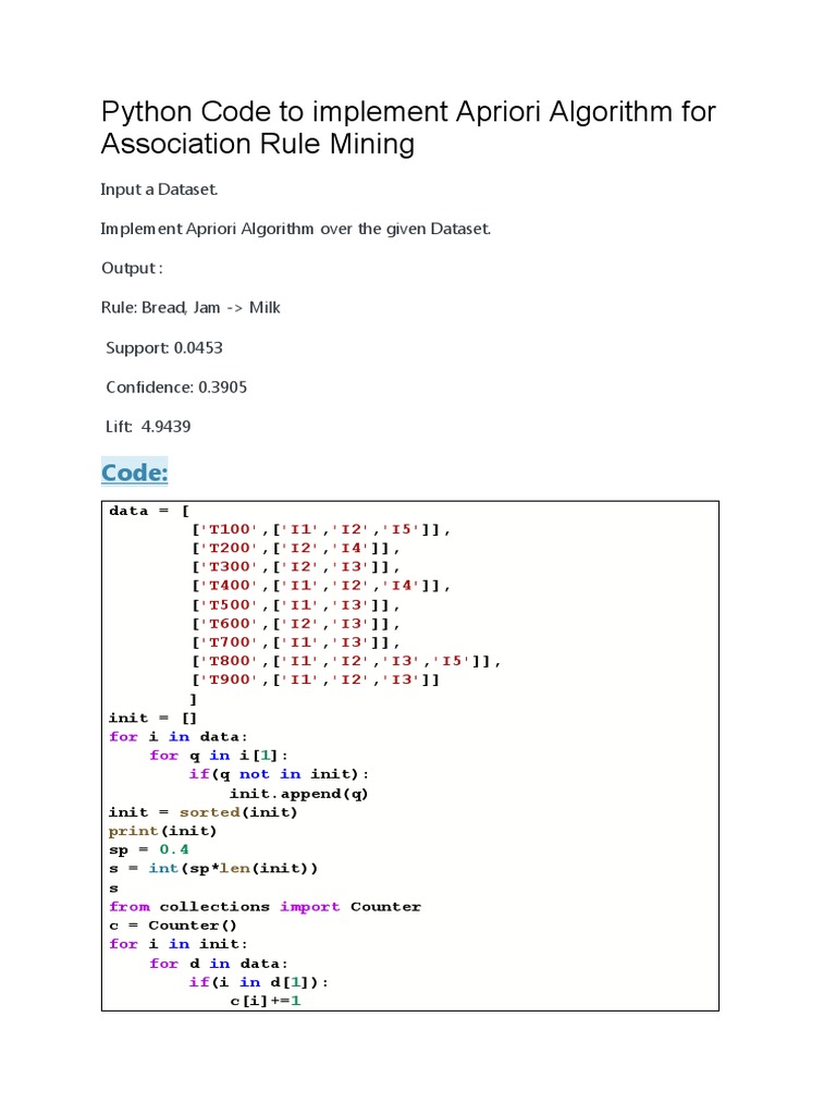 Python Code To Implement Apriori Algorithm For Association Rule Mining