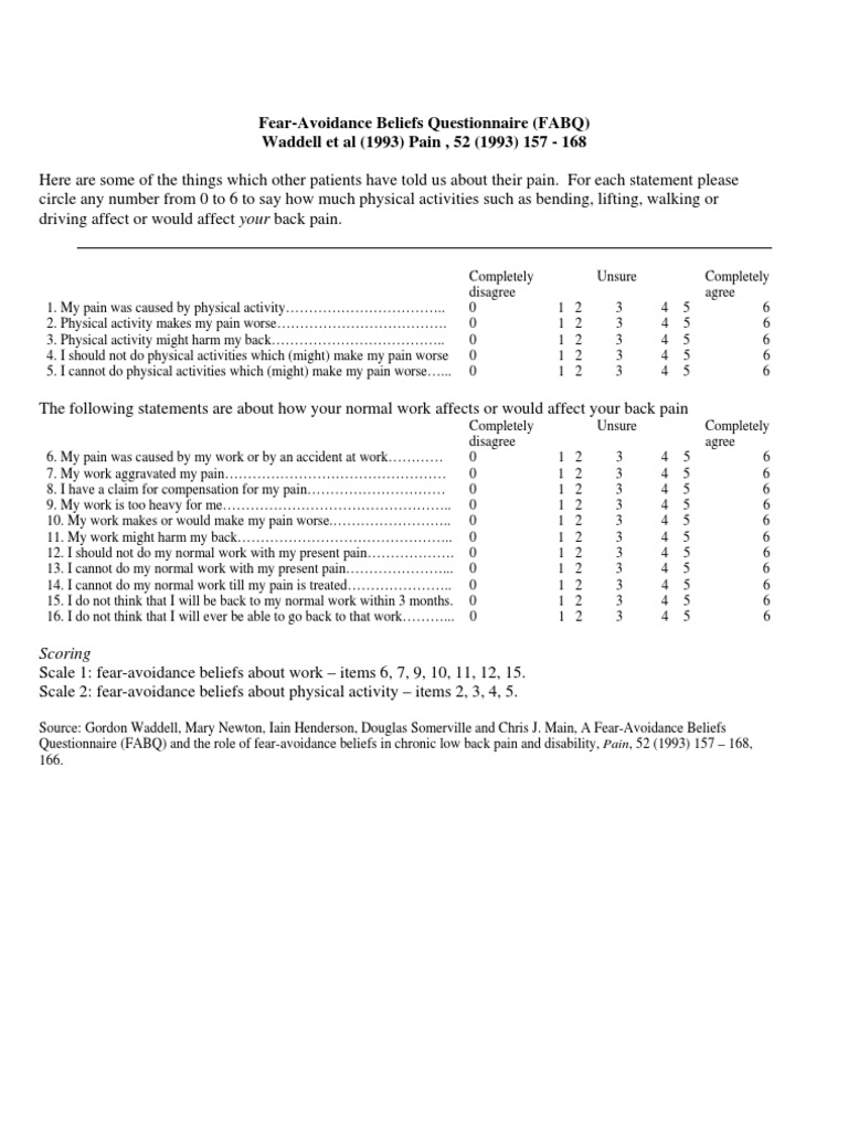Fear Avoidance Questionnaire | PDF | Pain | Medicine