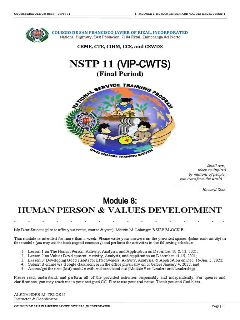 Marvin Lalangan - NSTP 11 - Module 8-Human Person & Values Development ...