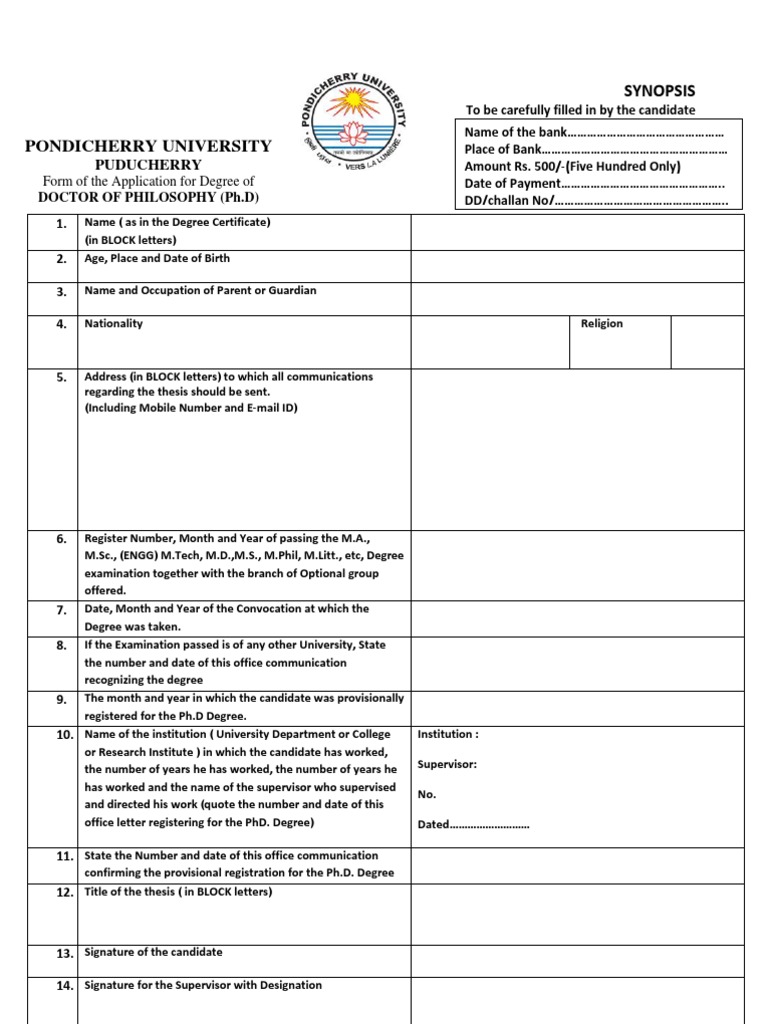 2.application Form For Submission of PHD Synopsis | PDF | Doctor Of ...